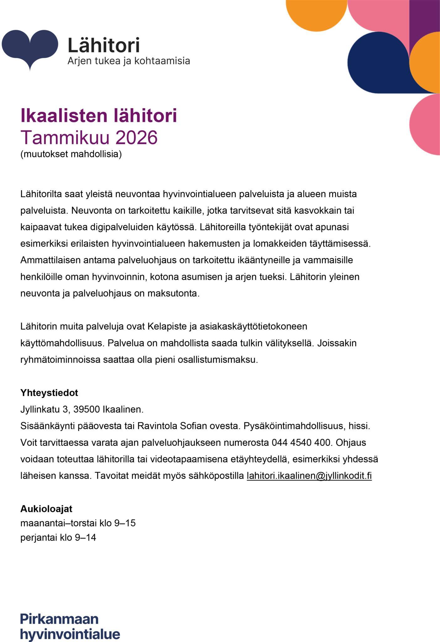 Ikaalisten lähitorin tammikuun 2026 kuukausiohjelma, tervetuloa ...